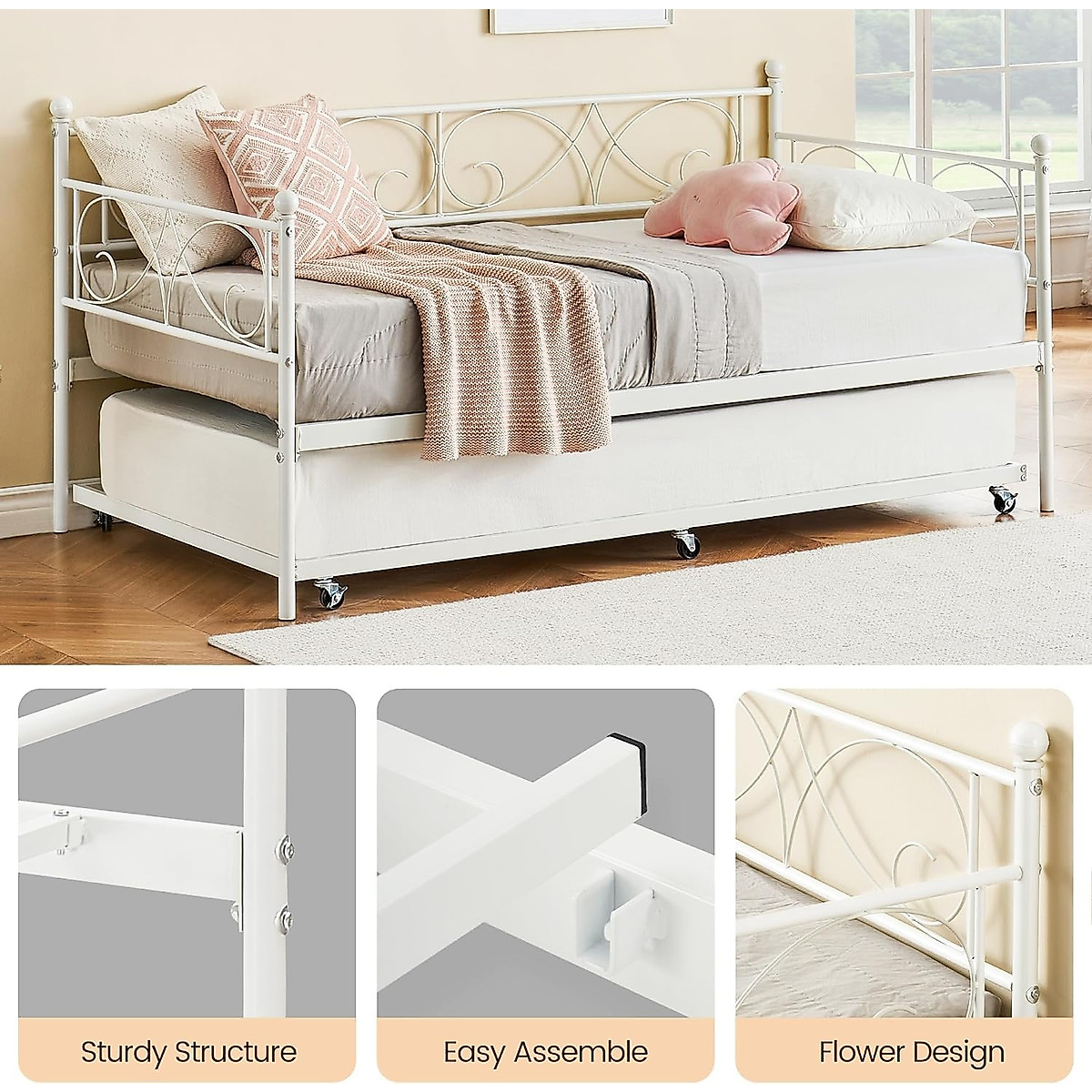 IDEALHOUSE Twin Daybed with Trundle, Metal Trundle Bed, Sofa Bed Frame, Heavy Duty Metal Slats, for Living Room, Bedroom, Guest Room, Space Saving, White