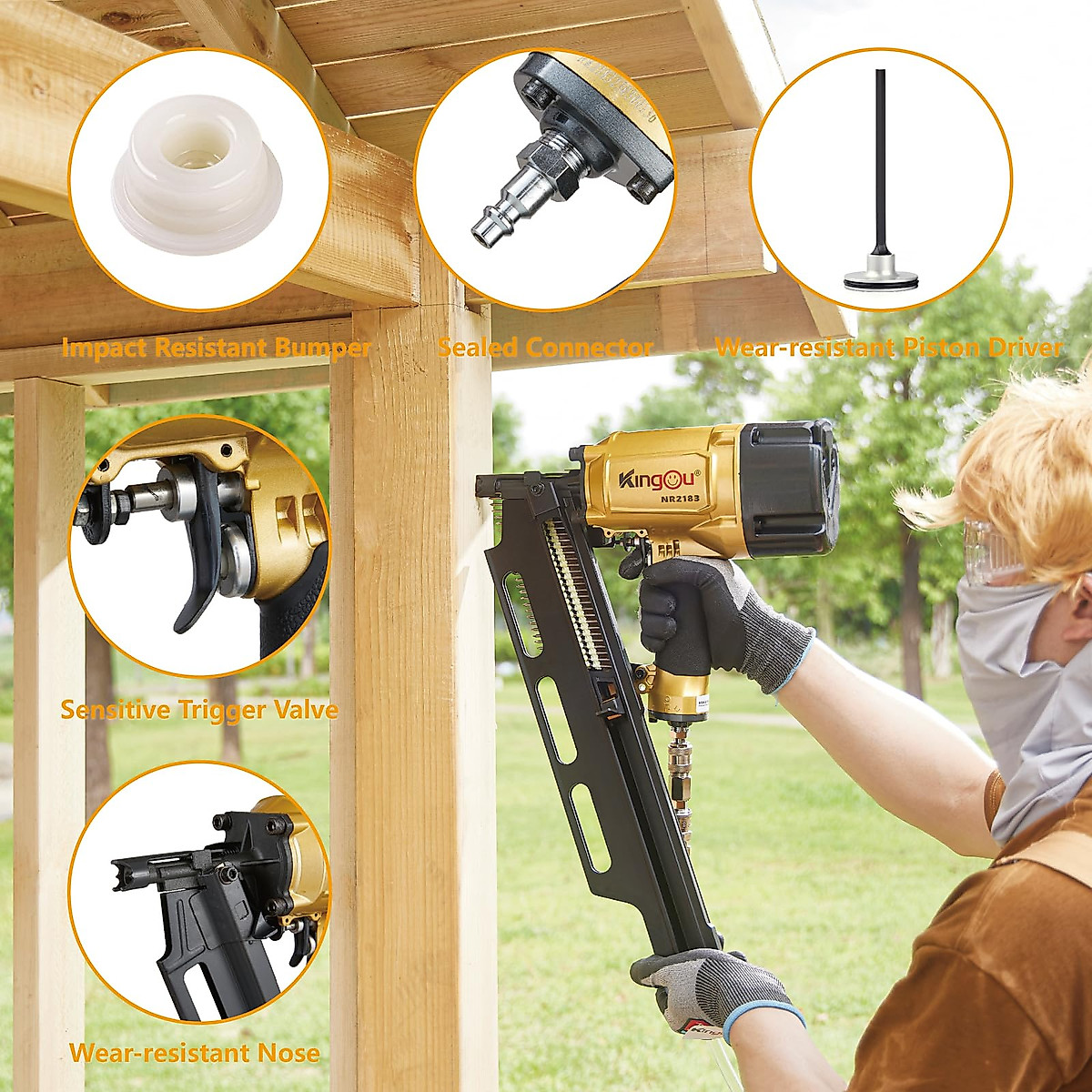 KingOu NR2183 21 Degree Aluminum Magazine, Pneumatic Framing nail gun, 2-Inch up to 3-1/4-Inch Plastic Collated Full Head Framing Nails, Framing, Wooden House Building, Fencing