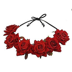 Floral Fall Rose Red Rose Flower Crown Woodland Hair Wreath Festival Headband F-67 (3-Red)