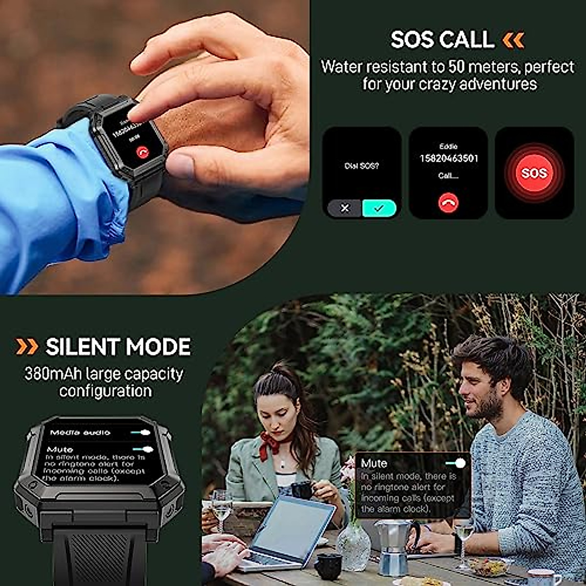 INEYES Military Smart Watch for Men (Make/Answer Call), HD Outdoor Rugged Tactical Smartwatch, Sport Fitness Tracker with Heart Rate Blood Pressure Sleep Monitor for iPhone Android Phones