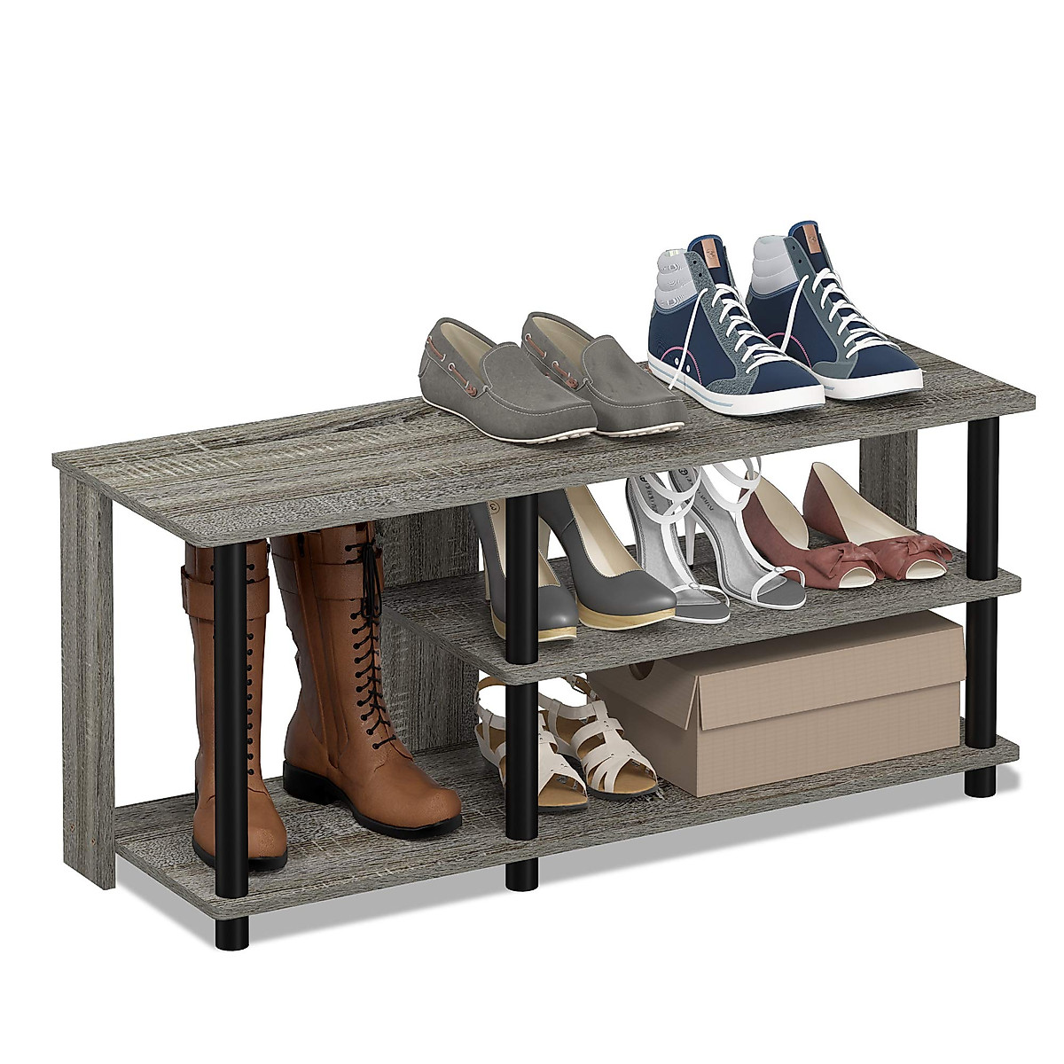Furinno Turn-N-Tube Compact Multi Storage Shoe Rack, 35.2"W 3-Tier, French Oak Grey/Black