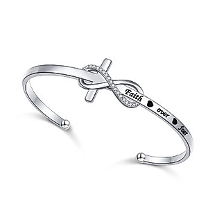 925 Sterling Silver Bible Verse Engraved Be Fearless Faith Over Fear Infinity Love Heart Cross Charm Cuff Bangle Sideways Cross Bracelet Religious Jewelry for Women Daughter Catholic