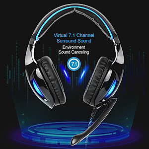 SADES SA902 Stereo Gaming Headset 7.1 USB Surround Sound PC Headsets Over-Ear Gaming Headphones with Microphone LED Light Black Blue