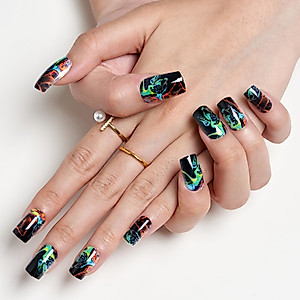 GLAMERMAID Black Press on Nails Medium Square, Tie Dye Gothic Fake Nails Tips Short Square, Ombre Color Oil Paint Glue on Nail Summer Glossy Gel Set, Reusable Acrylic False Nail Manicure Kit for Women