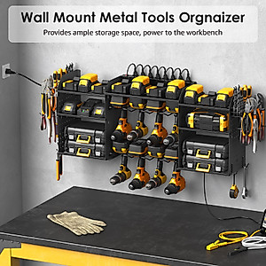 CCCEI Black Large Tools Organizer Wall Mount Charging Station, 39 Inch Long Power Tool Battery Storage Rack with 6FT Power Strip. 8 Drill Holder, Garage Utility Shelves. Pegboard Hanging Extension.