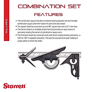 Starrett Combination Set with Square, Center and Reversible Protractor Head and Blade - 12" Blade Length, Forged and Hardened Steel Heads, 4R Graduation Type - C434-12-4R