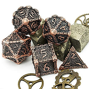 Cusdie Metal Dice with Metal Box, 7 PCs DND Metal Dice, Dagger Design Polyhedral Dice Set, for Role Playing Game D&D Dice MTG Pathfinder (Ancient Copper)