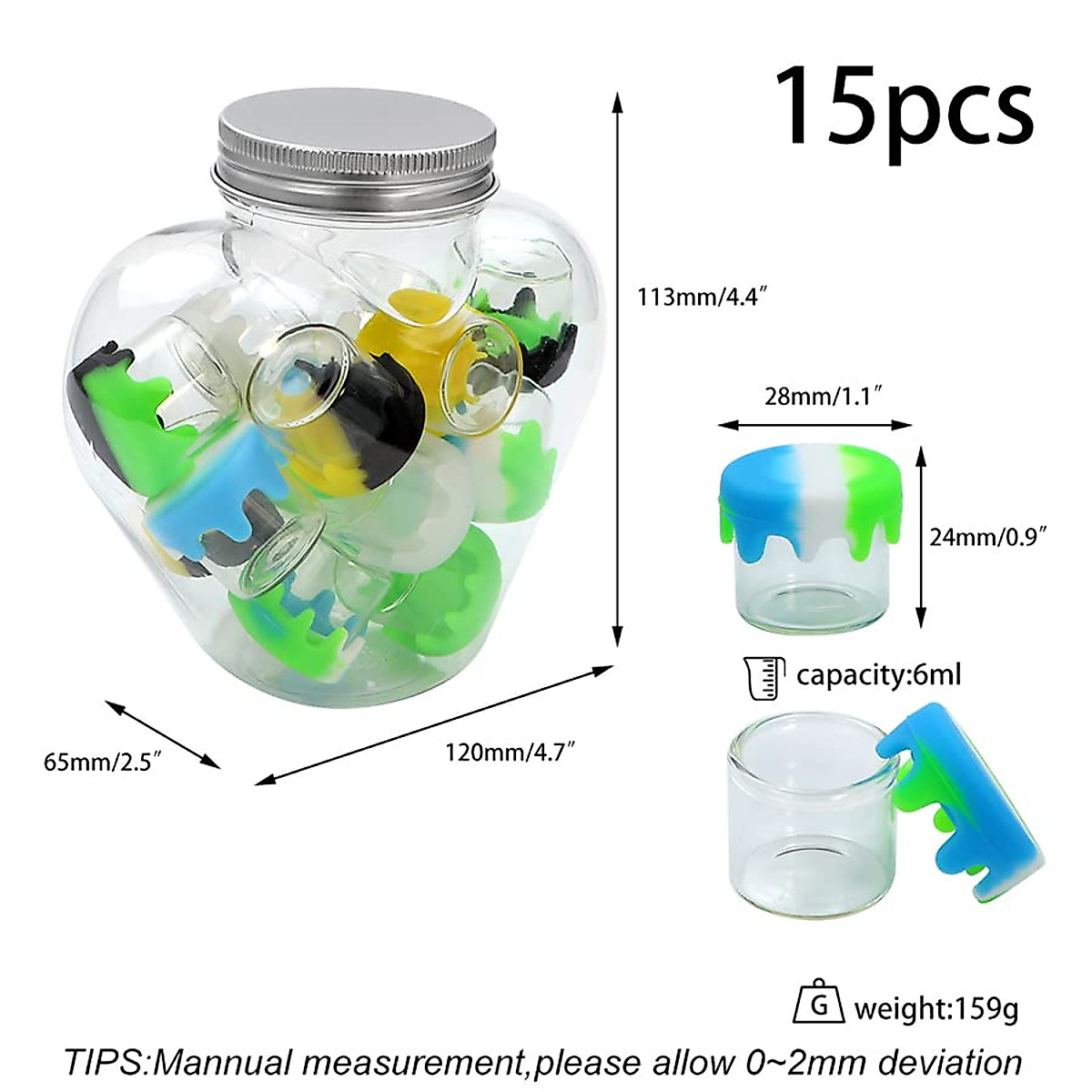 YOHOSA Glass Wax Container Concentrate Jar with Silicone Lids silicone containers for wax 6ml 15pcs （Color mixing）
