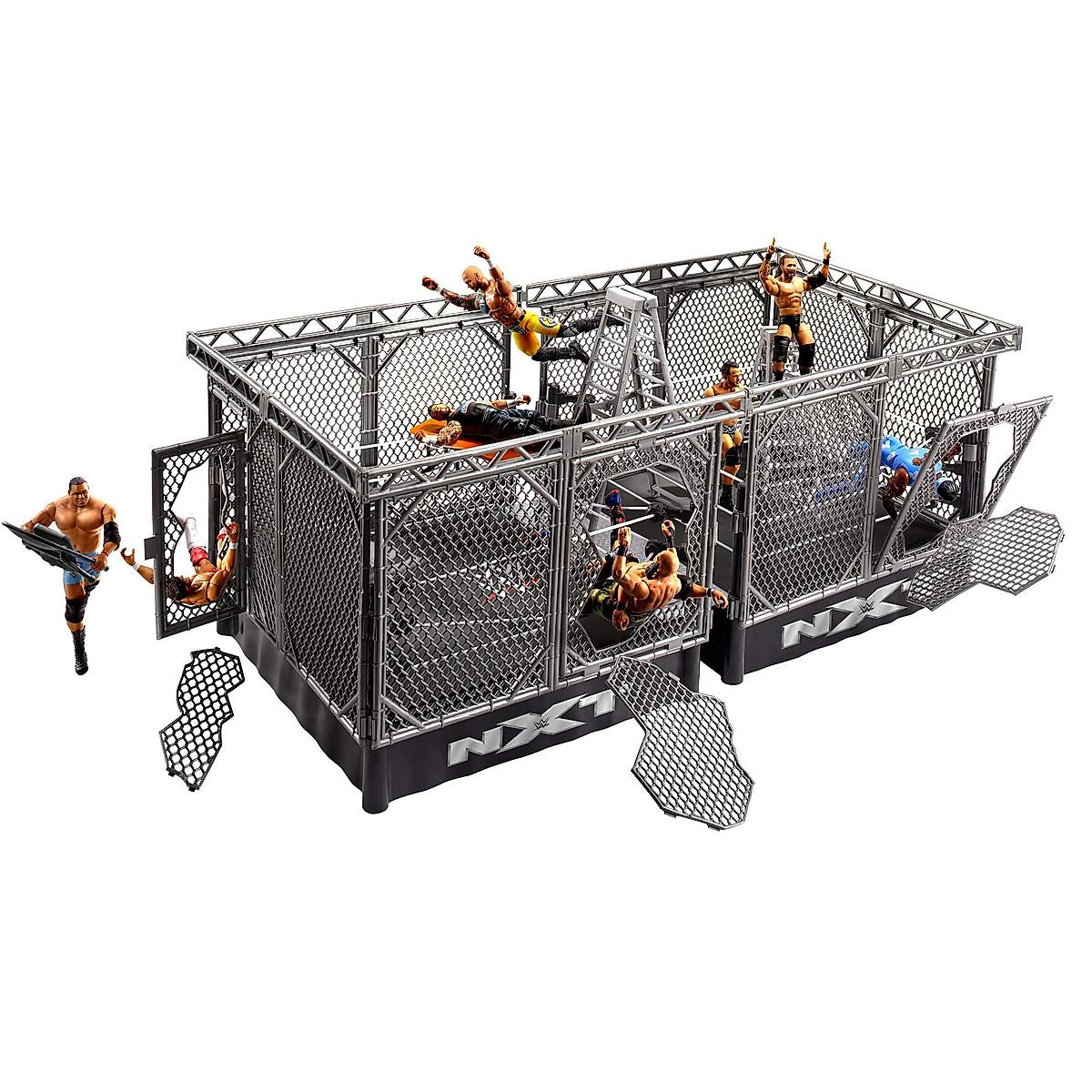 WWE MATTEL NXT Takeover War Games Playset with 2 NXT Rings, 2 Connecting Cages with Breakaway Pieces, 2 Ladders, Chair, Table & More; for Ages 6 Years