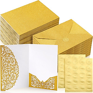 100 Set 5 x 7 Laser Cut Wedding Invitations with Envelopes and Wax Seal Stickers Pocket Wedding Invitation Cards Blank Invitation Kit for Wedding Bridal Shower Engagement Invite (Gold)