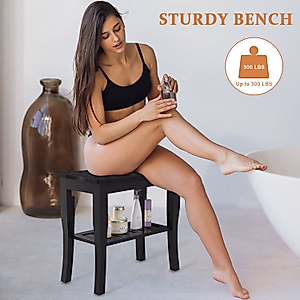 Domax Bamboo Shower Benches for Inside Shower - Bathroom Bench Seat Waterproof Wooden Shower Stool with Storage Shelf for Adults Elderly Seniors Wood Shower Chair for Bathtub or Small Spaces, Black