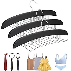 3 Packs Tank Top Hangers Space Saving, Tank Top Organizer Bra Hangers for Closet with 72 Foldable Metal Hooks, Wooden Tie Storage Hanger Racks for Camisoles, Bras, Belts, Scarfs(Black)