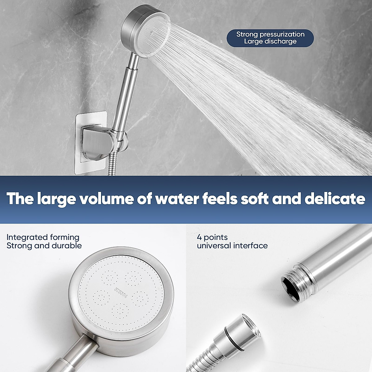 Handheld Shower Head Set High Pressure Stainless Steel High Flow Hand Shower Head with 59 Inch Hose and Bracket Brushed Finish