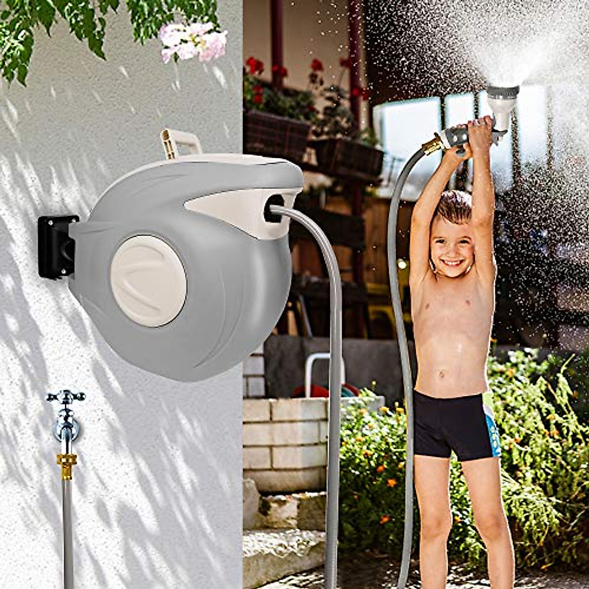 Twinkle Star Retractable Hose Reel, 65.6 FT+6.6 FT 5/8" Garden Hose Reel with 9 Pattern Nozzle, Heavy Duty Any Length Lock Slow Return System Auto Rewind, Wall Mounted 180 Degree Pivot Swivel Bracket
