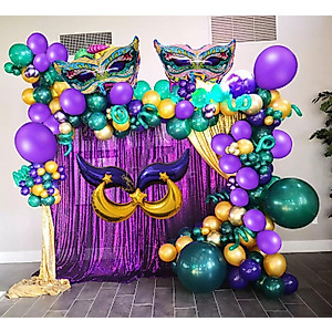 Mardi Gras Balloon Garland Kit,108 PCS Purple Green Gold Balloons Mask Sign Foil Balloons for Mardi Gras Masquerade New Orleans Party