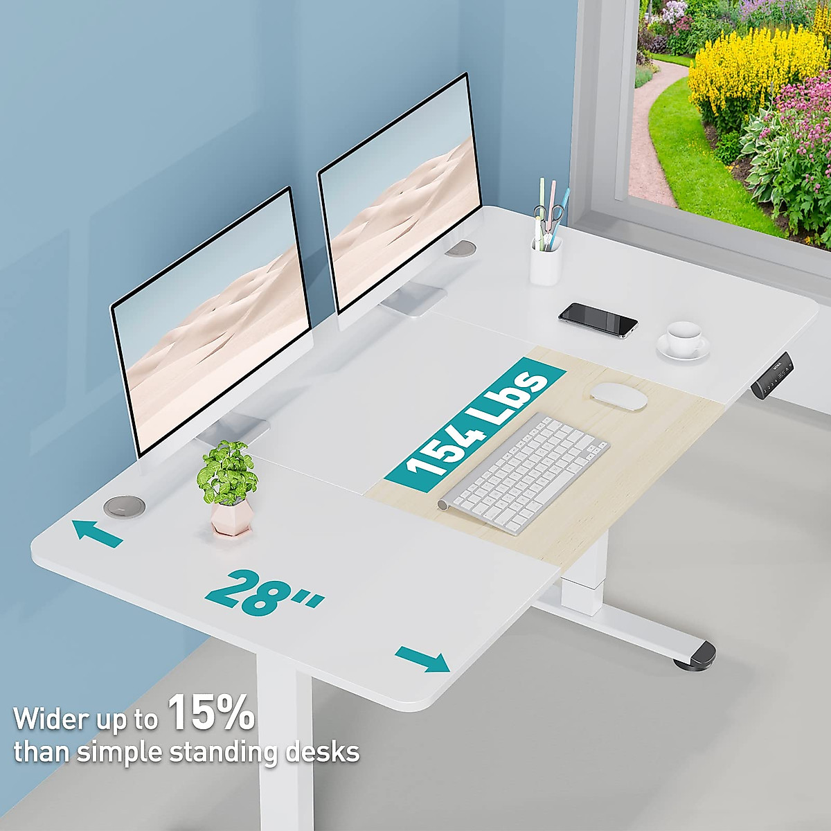 WOKA 55 x 28 Inch Electric Standing Desk, Height Adjustable Stand Up Desk, Sit Stand Desk with Memory Controllers, Adjustable Desk for Home Office with White and Oak Top and White Frame