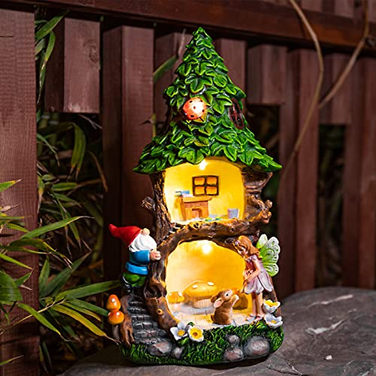 Ovewios Fairy House Statues Outdoor Decor, Large Garden Gnome House Figurines with Solar Lights Waterproof Resin Outdoor Statues for Patio Yard Lawn Decorations