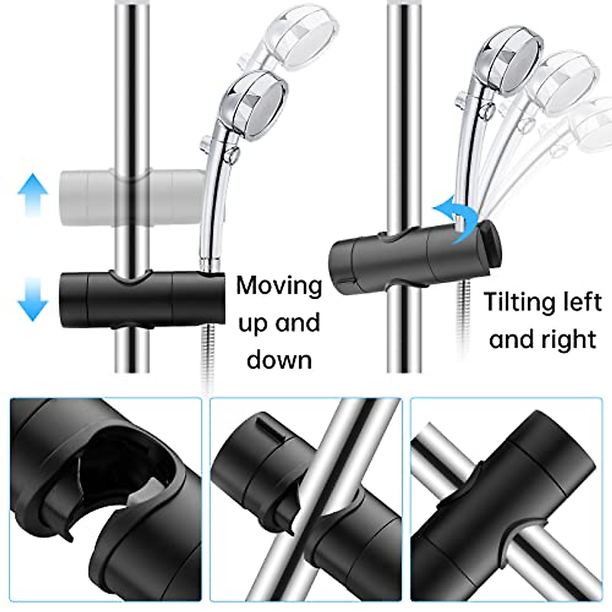 Adjustable Shower Head Holder for Slide Bar,Universal 18-25MM O.D. Rail Head Bracket Holder for Slide Bar Slider Clamp Bathroom Replacement 360 Degree Rotation Sprayer Holder (Black)