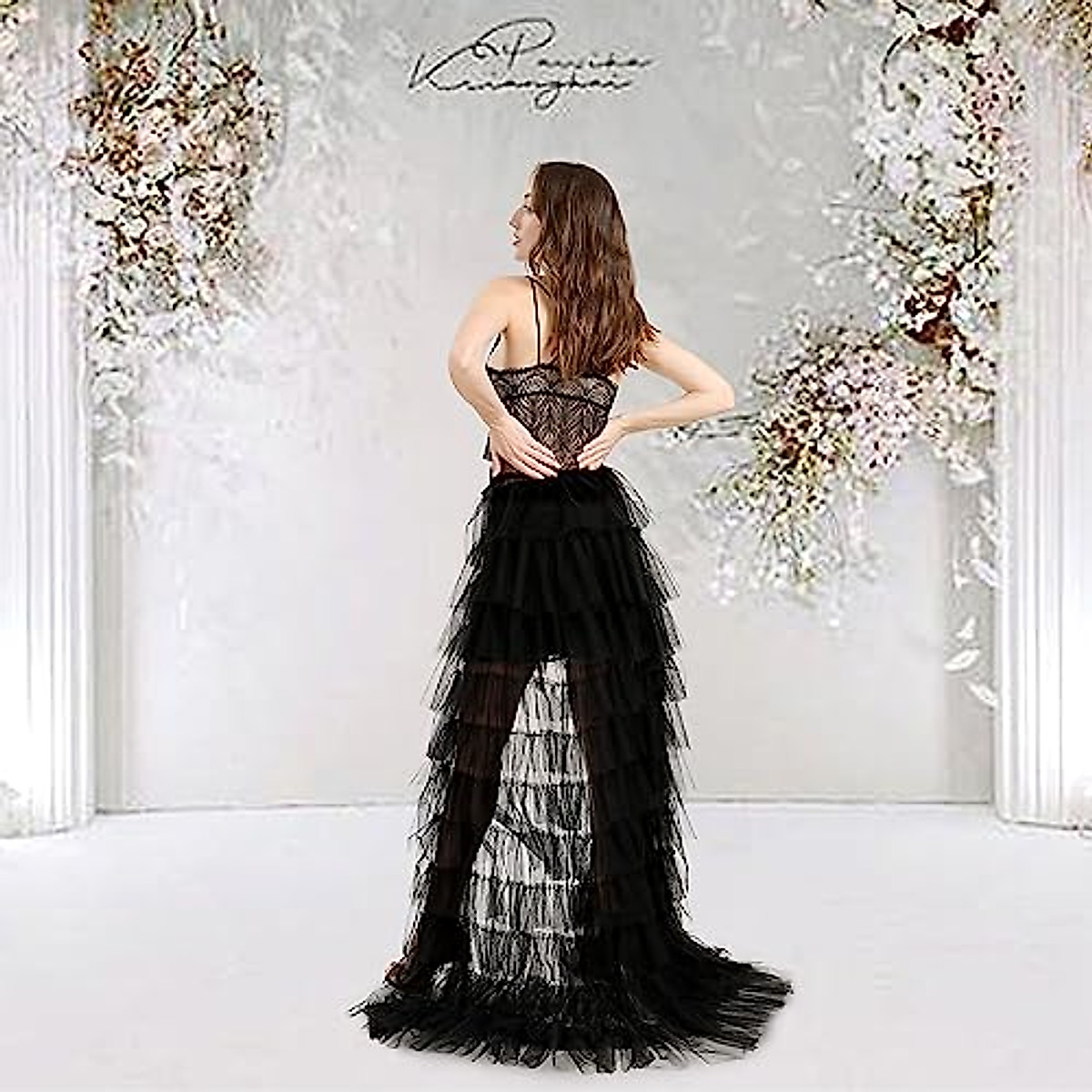 AWAYTR Maxi Mesh Tulle Skirt for Women - Detachable Wedding Train Dress, Floor Length Overlay Long Tutu Skirts for Prom(Black)