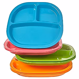 US Acrylic Harmony 3-compartment Divided Plastic Kids Tray in 4 Calypso Colors | set of 12 Reusable, BPA-free Plates, Made in the USA, Microwave & Dishwasher Safe Dinnerware