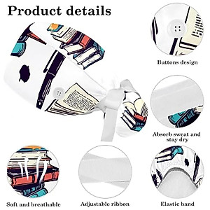 Scrub Surgical Hat,Cycling Hat with Buttons and Cotton Sweatband,Pens Books Pattern