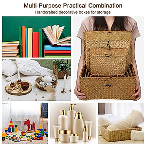 Woanger Set of 4 Wicker Storage Baskets Organizer，Handwoven Storage Bins with Lid for Organizing, Home Utility Box for Home Office Supplies Multipurpose Container(Orange)