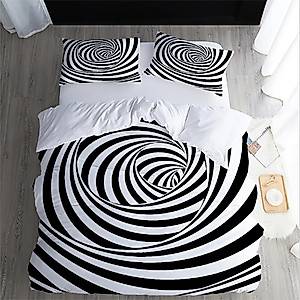 Duvet Set Psychedelic Black And White Illusion Lines Swirl Complete Bedding Set Microfiber Printed Design With 2x Pillow Cases(20"x36") Bedding Quilt Cover With Zipper, California King(104"x98")