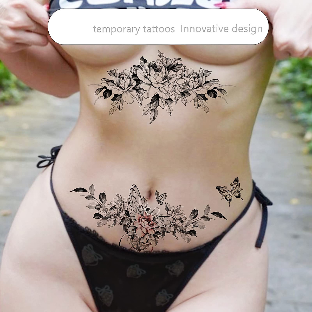 ROARHOWL sexy temporary tattoos for women,sexy tattoo kit, beautiful and exquisite,3D realistic flowers, butterflies, abdomen, chest, waist and back apply false tattoos for girl (Design 3)