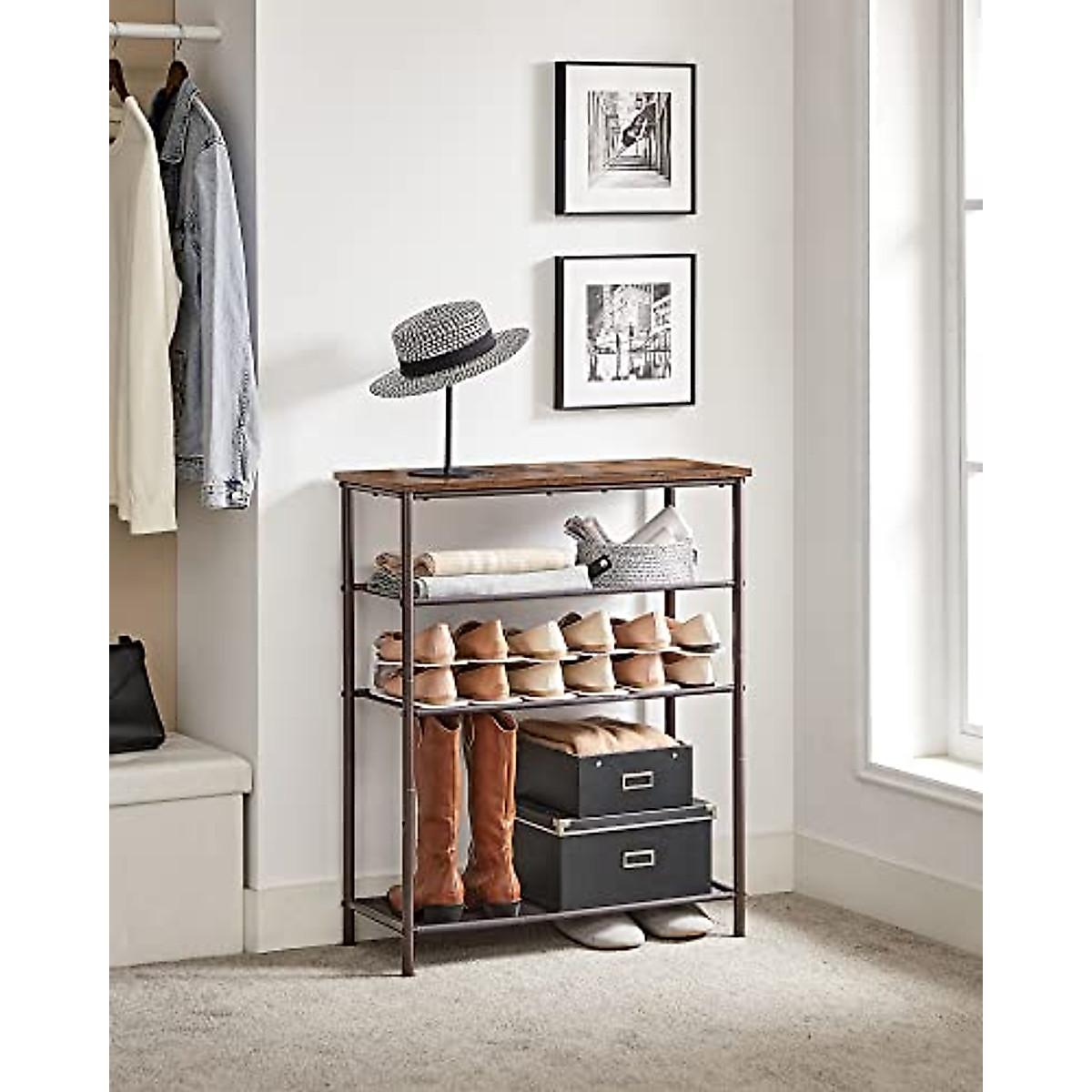 VASAGLE Shoe Rack 5 Tier, Narrow Shoe Organizer for Closet Entryway, with 4 Fabric Shelves and Top for Bags, Shoe Shelf, Steel Frame, Industrial, Rustic Brown and Bronze ULBS036A45