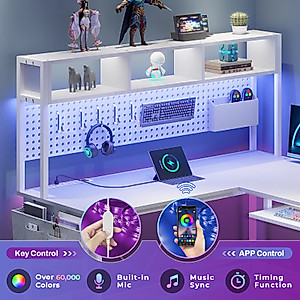 SEDETA White L Shaped Gaming Desk, Reversible Corner Desk with Power Outlet and Pegboard, L Shaped Desk with Hutch, Storage Shelf, Keyboard Tray, and LED Lights for Home Office, White