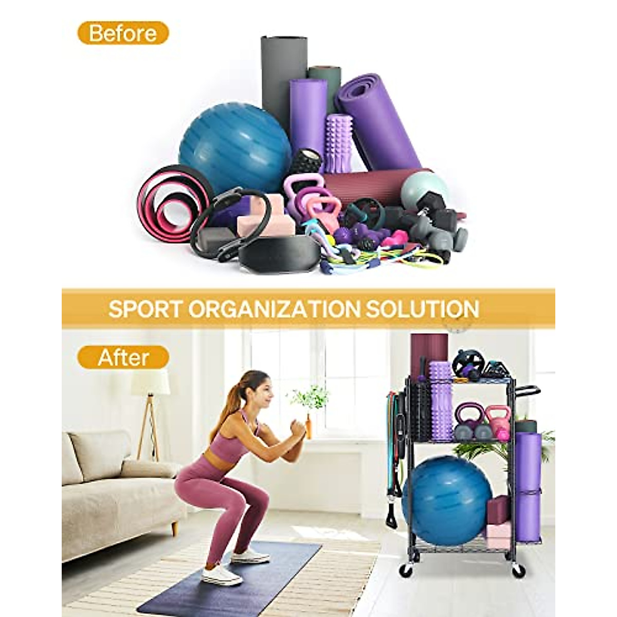 FHXZH Home Gym Storage Rack, Workout/Exercise Equipment Storage Organizer with Hooks and Wheels for Yoga Mat & Ball Dumbbell Kettlebells Foam Roller Resistance Bands