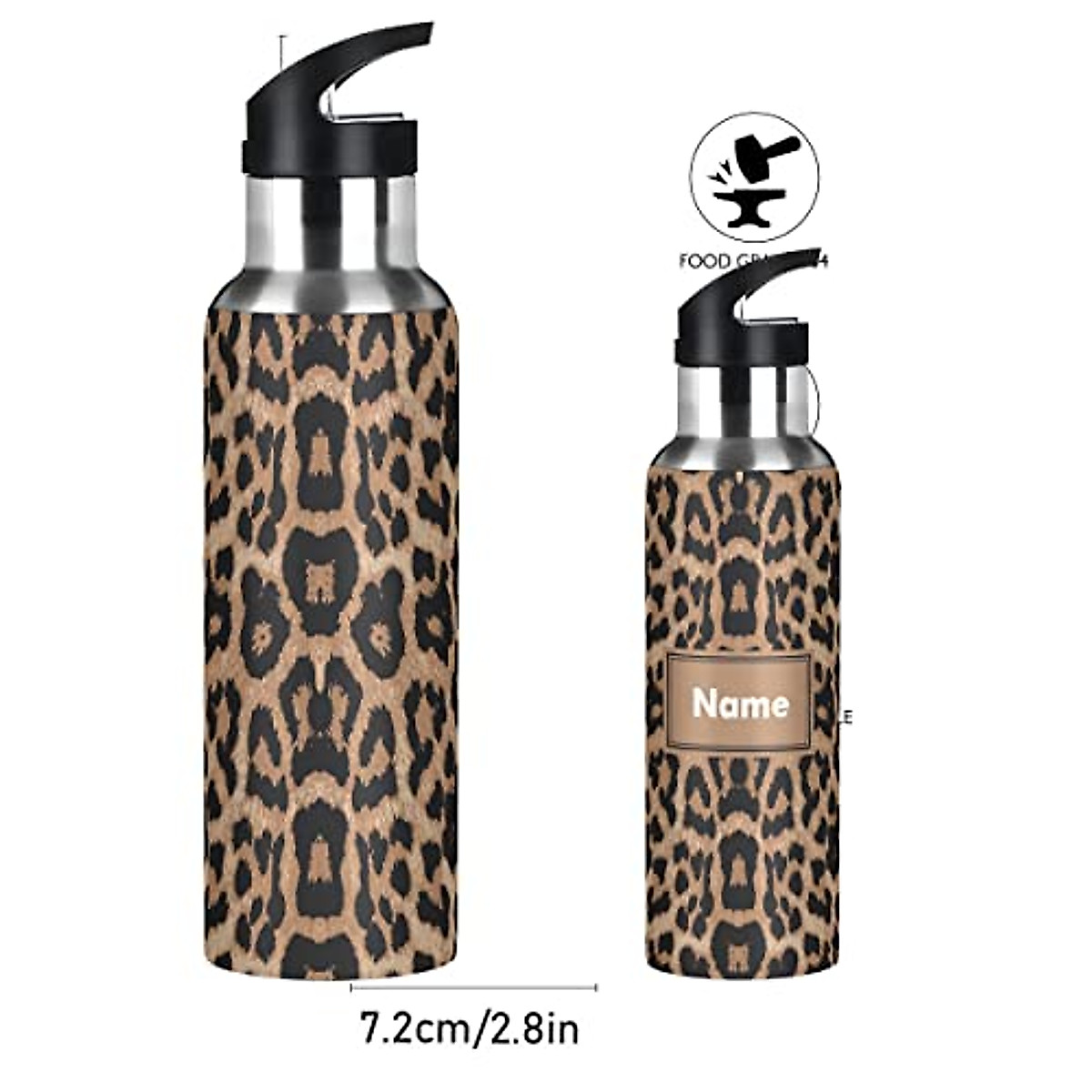 Custom Name Water Bottle Handle Straw Lid Vacuum Insulated Stainless Steel Thermos Water Bottle Cheeteh Leopard Print Leak Proof Sports Coffee Maker Cup