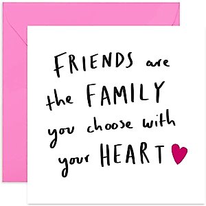 Old English Co. Friends are Family Card - Heartfelt Hand-lettered Friendship Card for Special Person | BFF Birthday card For Men and Women | Blank Inside & Envelope Included