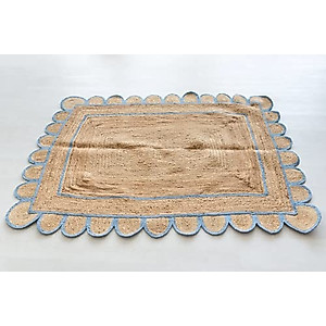 Rangneel Handloom Scalloped Sky Blue Border Jute Rugs, Scallop Boho Decor Handmade Rectangle Jute Rug (2x3 Feet)