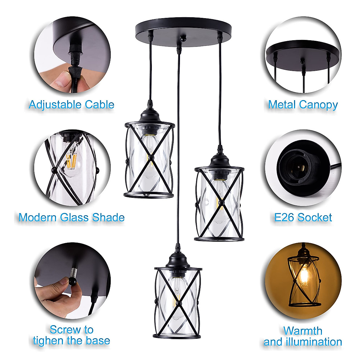 DFL Industrial Glass Pendant Light, 3-Light Black Metal Polished Glass Cover Chandelier, Pendant Light Fixture for Restaurants, Kitchens, Bars, Hallways, Galleries, E26 Base, Bulb Not Included