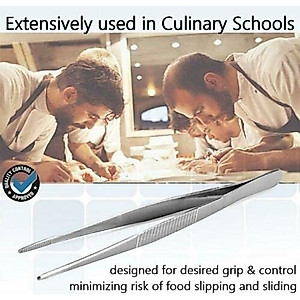 5 Inch Professional Culinary Stainless Steel Precision Tongs with Serrated Tips, Plating/Food Presentation Detailing Serving Tongs, Chef's Kitchen Tweezer Tongs - Ultra Non-Slip Grip