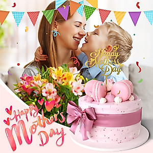 Happy Mother's Day Cake Topper, 10 Pieces Acrylic Mother's Day Cupcake Topper with Love Heart, Cake Picks Cake Decoration for Mom Day Birthday Party Supplies (Gold & Pink)