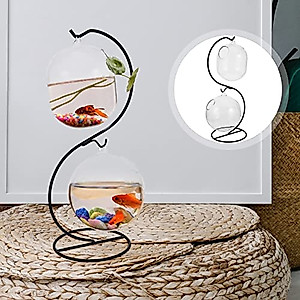 OUNONA Desktop Hanging Glass Fish Tank Mini Dual Aquarium Glass Betta Fish Bowl Clear Fish Cylinder Bowl with Iron Stand Planter Terrariums Tabletop Hydroponics Vase for Home Office B