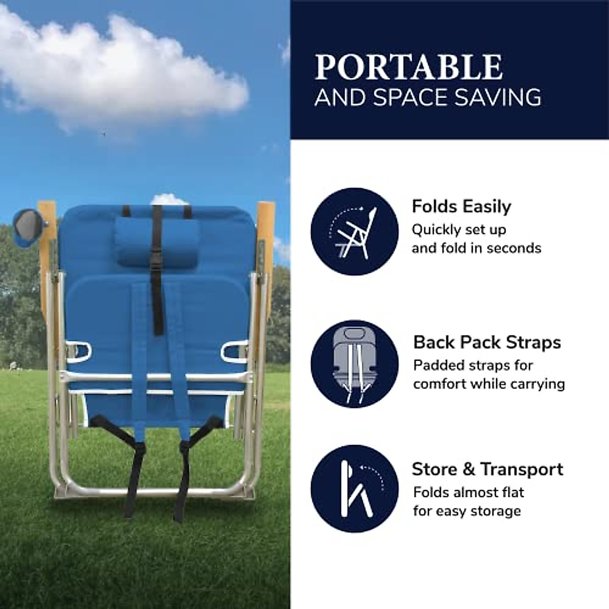 Caribbean Joe Folding Beach Chair, 4 Position Portable Backpack Foldable Camping Chair with Headrest, Cup Holder, and Wooden Armrests, Blue
