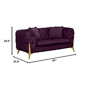 Meridian Furniture Kingdom Collection Velvet Upholstered Loveseat with Deep Button Tufting & Sturdy Gold Metal Legs, Purple