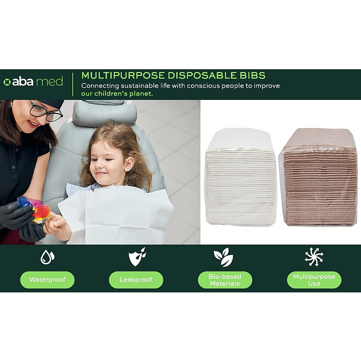 aba Waterproof Biodegradable Compostable Disposable Dental Bibs 50 pcs| Multipurpose 3 ply Patient Bibs | Tattoo | Piercing | Beauty Salon | Clean Dining | 13" x 18" Kraft Sheet