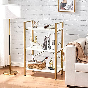 BEWISHOME 3 Tier Bookshelf Open Organizer, White Small Bookshelf for Small Spaces, Modern Wooden Storage Bookcase with Gold Metal Frame for Bedroom Living Room and Home Office JCJ42M