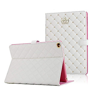 Topwin Crown Design Case for iPad 9.7 2018 2017/ iPad Air 2 / iPad Air, Diamond Cute Elegant PU Leather Smart Auto Sleep/Wake Stand Shockproof Case for Apple iPad 5th/6th (White