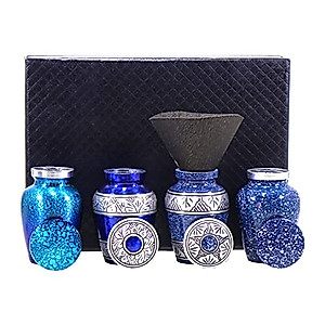 THE ASCENT MEMORIAL Blue Small Urns for Human Ashes Female Male | Set of 4 Premium Mini Keepsake Urns with Four Velvet Bags A Paper Funnel and A Stunning Magnet Closer Gift Box