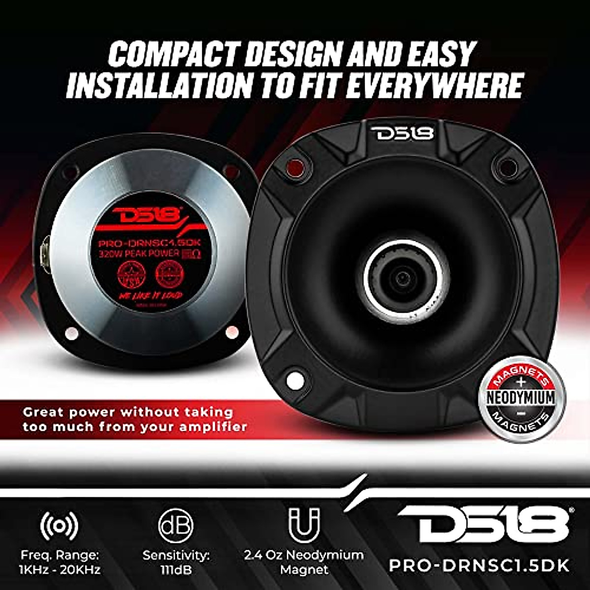 DS18 PRO-DRNSC1.5DK 1" Throat Neodymium Driver with 1.5" Composite Polyamide Voice Coil with Horn. Extremely Loud - PRO Tweeters are The Best in The Pro Audio and Voceteo Market - 1 Speaker