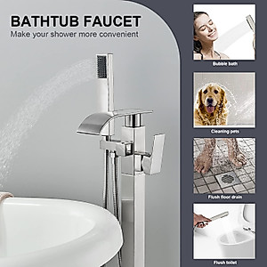 Senlesen Stainless Steel Bathroom Free Standing Tub Filler Faucet Brushed Nickel Freestanding Bathtub Faucets with Handheld Shower Mixer Taps