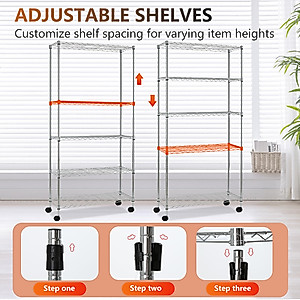 FDW Storage Shelves Adjustable Storage Rack Wire Shelf with Wheels Outstanding Load Metal 5 Tier Shelves Shelf Storage Solution for Small Spaces Multifunctional Easy Assembly,Chrome