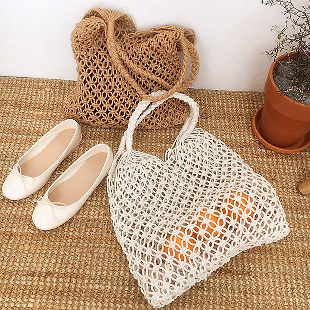 Hixixi Cotton Rope Travel Beach Fishing Net Handbag Shopping Woven Shoulder Bag for Women Girls (White)