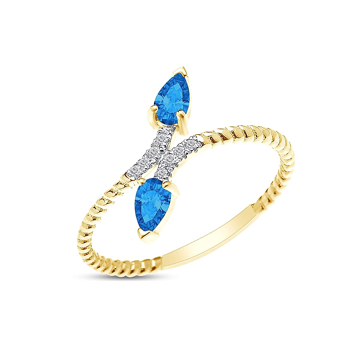 AFFY Pear Shape Natural Diamond And Simulated Blue Topaz In 14K Yellow Gold Over 925 Sterling Silver Ring Size 9