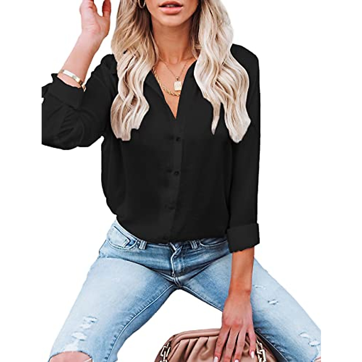 Diosun Womens Button Down V Neck Shirts Long Sleeve Office Casual Business Plain Blouses Tops (Medium, Black)